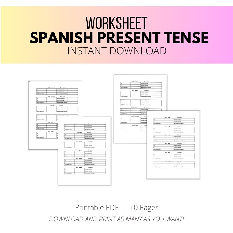 Worksheet to Practice Spanish Verbs in Present Tense, Spanish Present ...