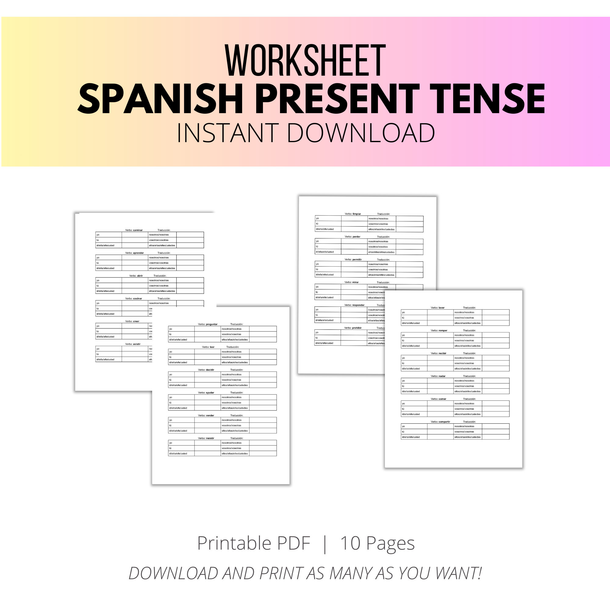 Hoja de trabajo para practicar verbos en español en tiempo presente ...