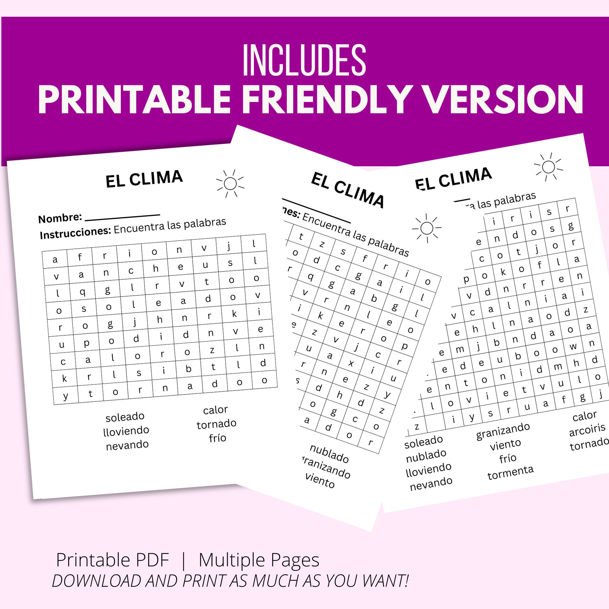 Word Search Weather Vocabulary in Spanish -sopa De Letras - EL CLIMA ...