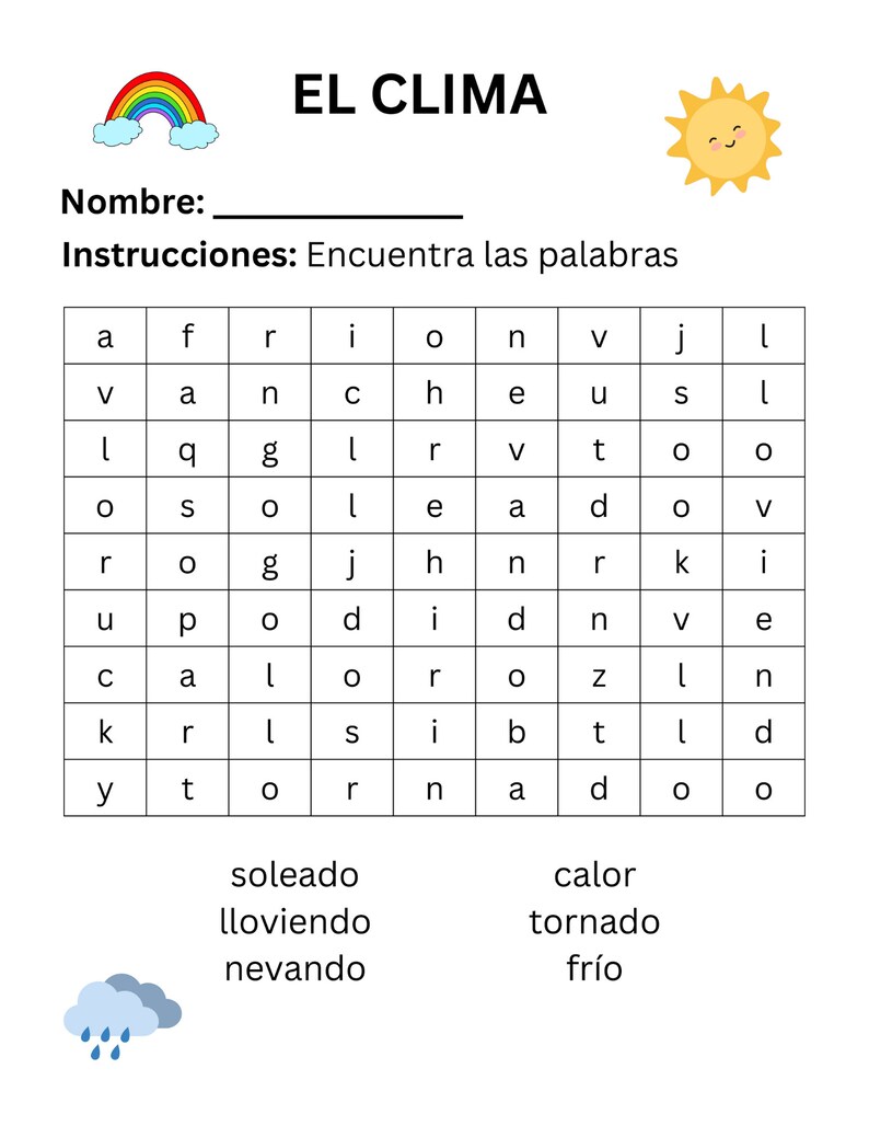 Word Search Weather Vocabulary in Spanish -sopa De Letras - EL CLIMA ...