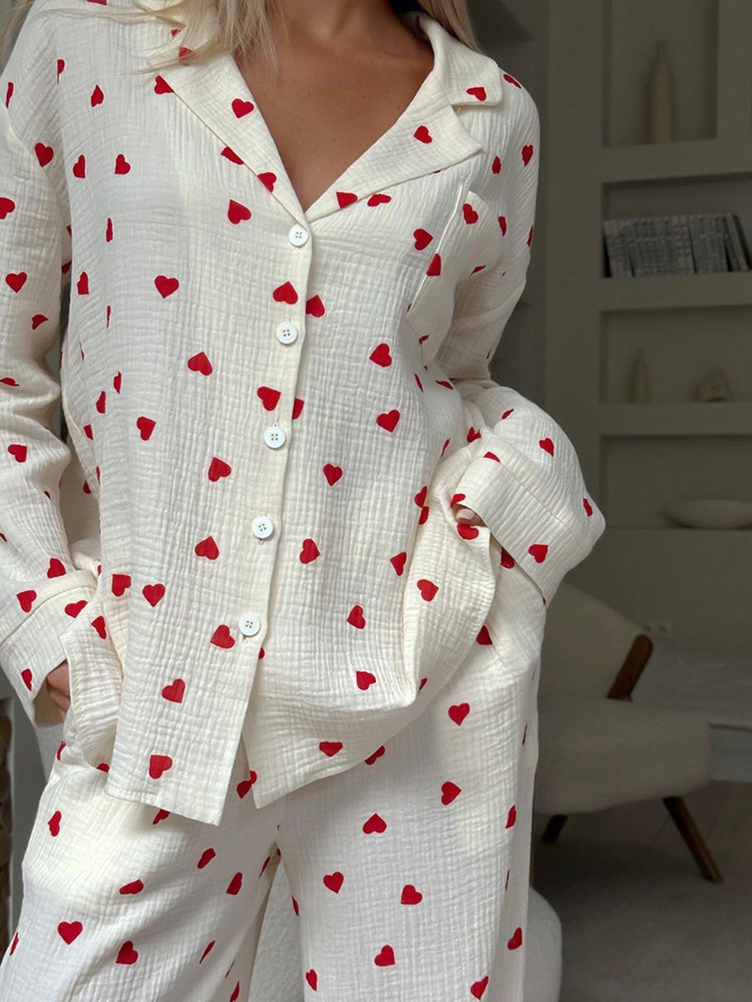 Pink Hearts Pajamas Set Sheer Lapel Long Sleeve Sleepwear Single ...