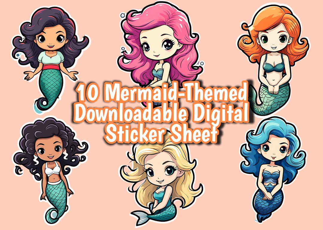 10 Mermaid-themed Downloadable Digital Sticker Sheet, PNG Stickers ...