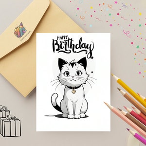 Cat Birthday Card Coloring Printable and Personalizable Animal Birthday ...