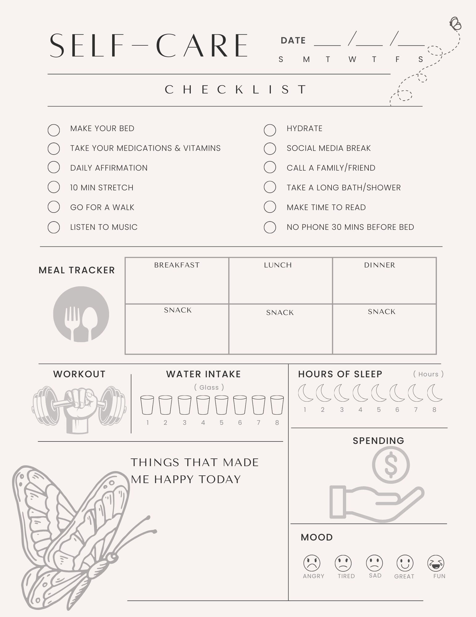 Daily Self Care Planner, Checklist - Download or Print - Etsy
