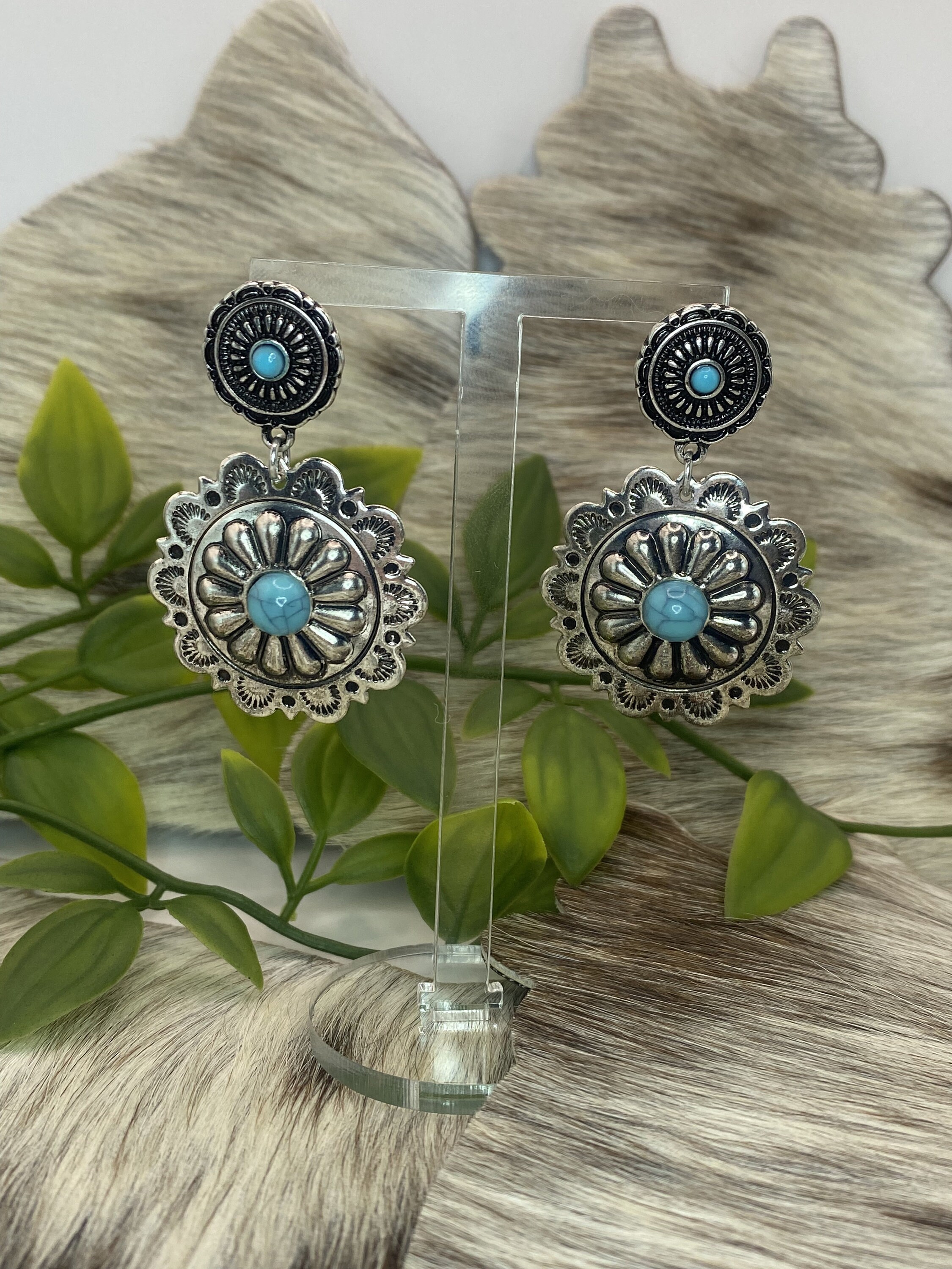 Western Concho Earrings With Faux Turquoise Stones, Western Earrings ...