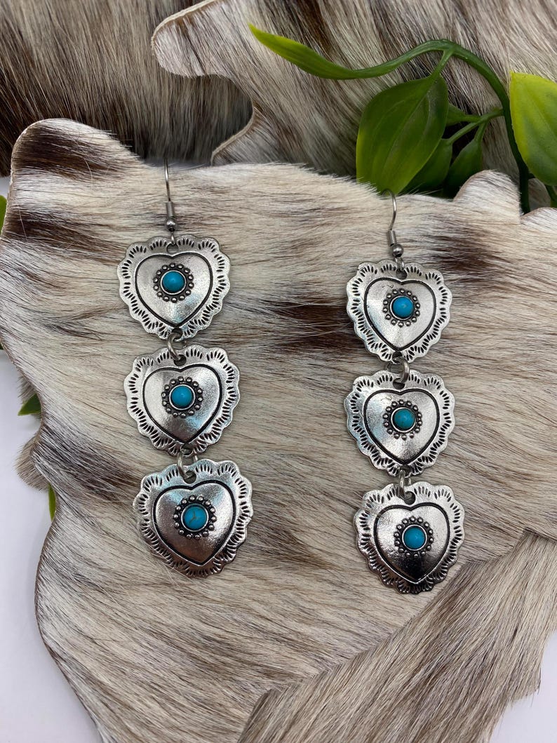 Western Heart Dangle Earrings With Faux Turquoise - Etsy