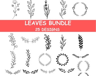 50 Leaves SVG Bundle, Hand Drawn Leaves SVG, Plant Svg, Flower Clipart ...