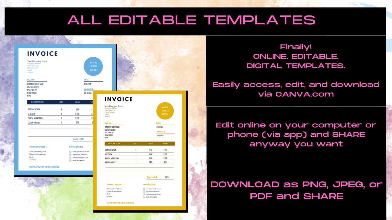 Invoice Editable Template, 5 Bold Colors Digital Invoice Download ...