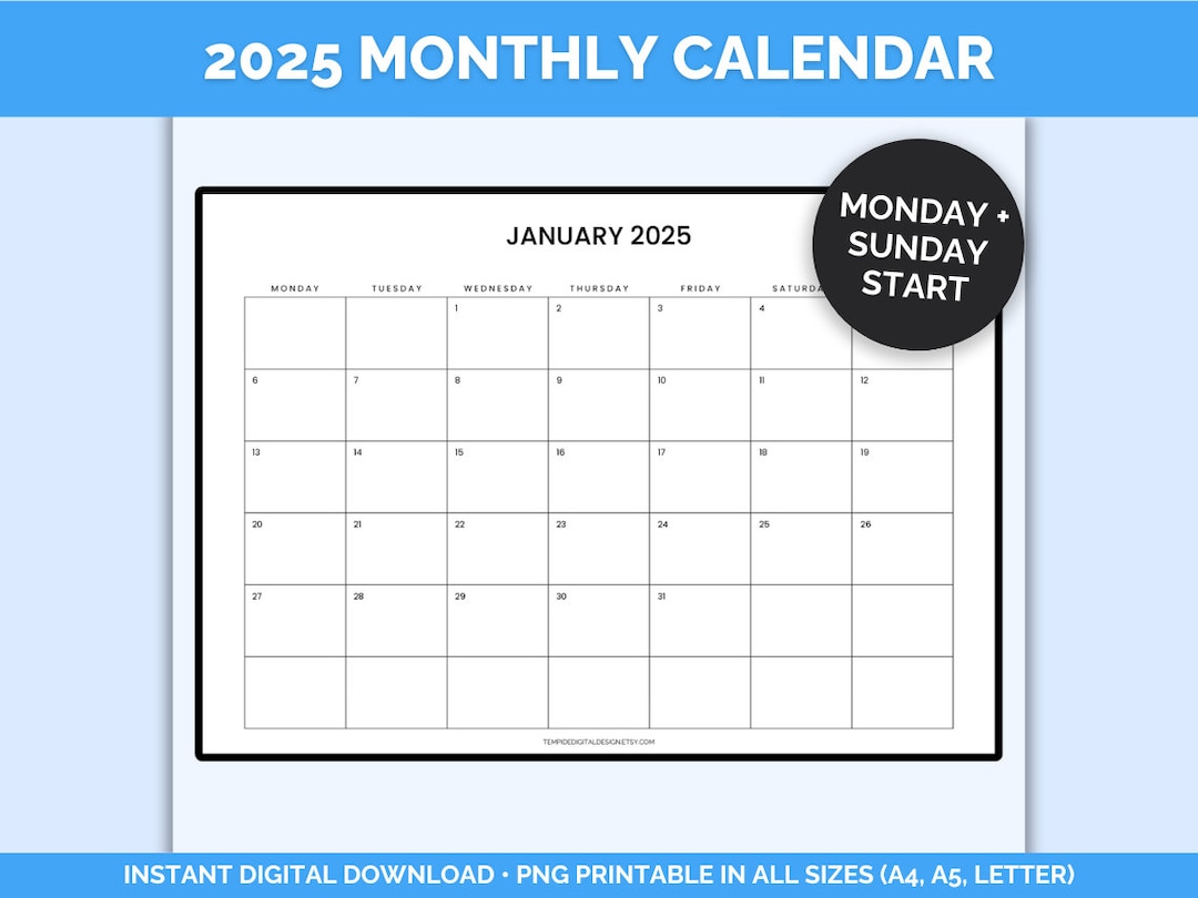 2025 Monthly Calendar Landscape Sunday & Monday Start, 2025 Planner ...