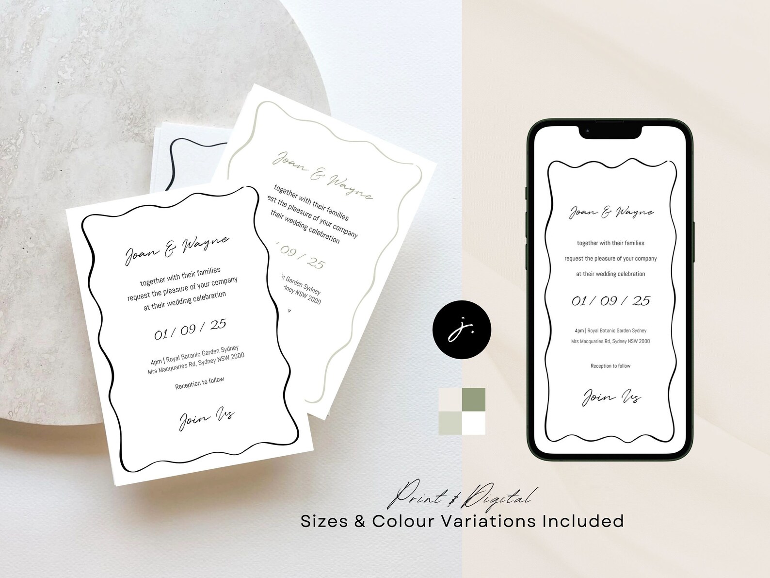 Black Sage Green Wavy Wedding Invitation, Details, RSVP, Editable ...
