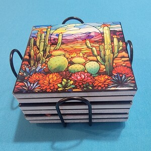 Six Ceramic Coasters 4 X 4 With Holder, Stained Glass Desert 1-6 - Etsy