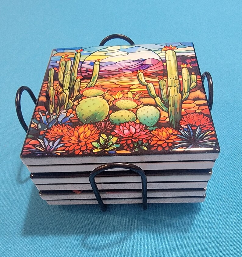 Six Ceramic Coasters 4 X 4 With Holder, Stained Glass Desert 1-6 - Etsy