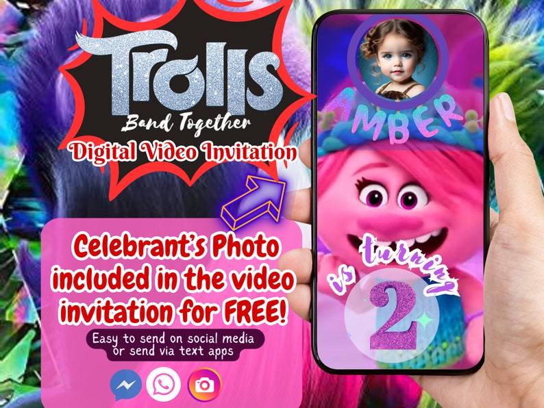 Trolls 3 Video Birthday Invitation Trolls Invitation Trolls Invite ...