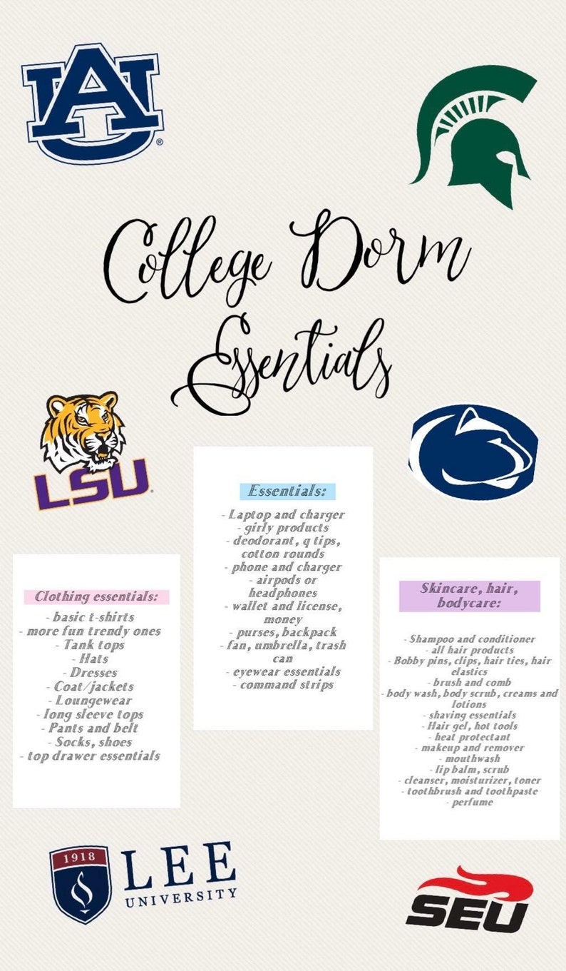 College Packing Essentials List Checklist for Dorm Room, College Move ...