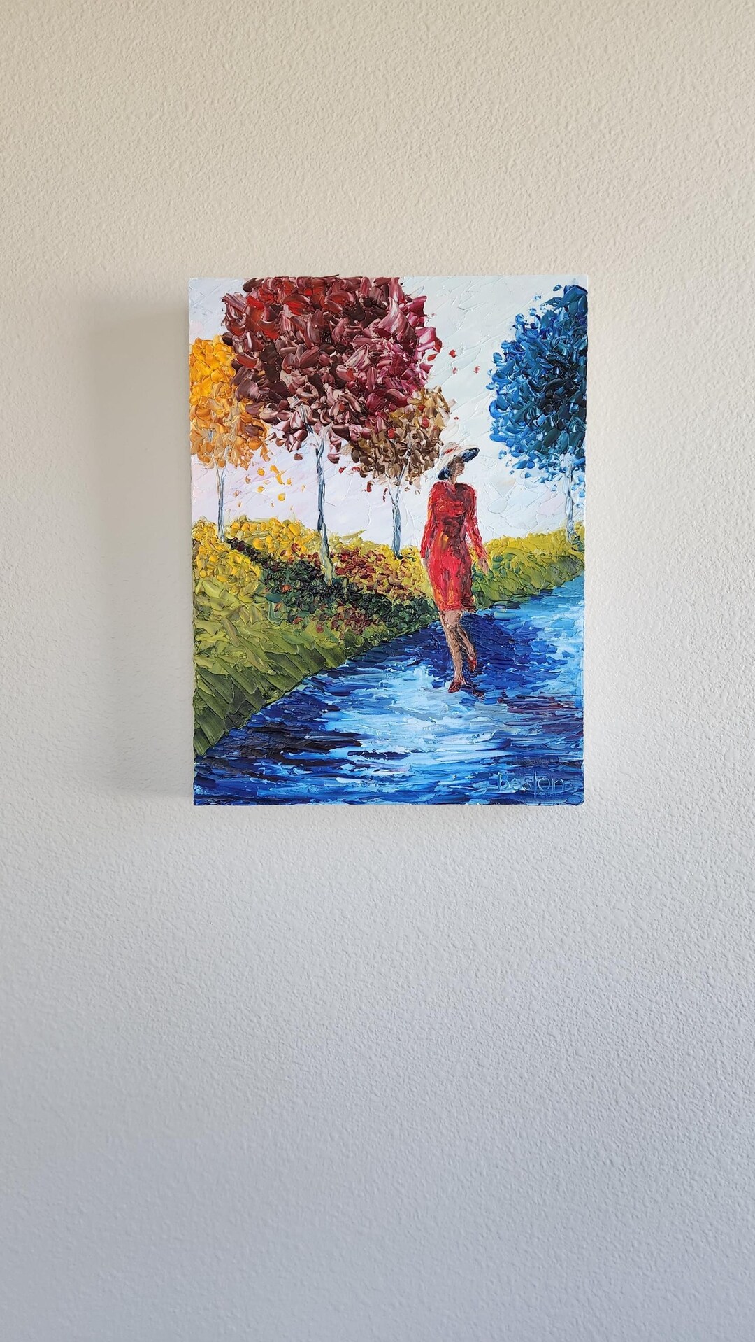 Original Oil Painting on Canvas “woman in Red Dress”, Palette Knife, Feminine Art, Autumn Trees ...