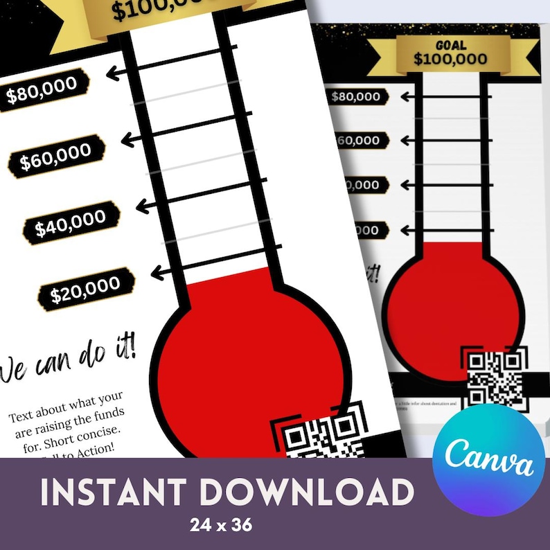 Fundraising Goal Thermometer Poster, 24x36, Canva Template (instant ...