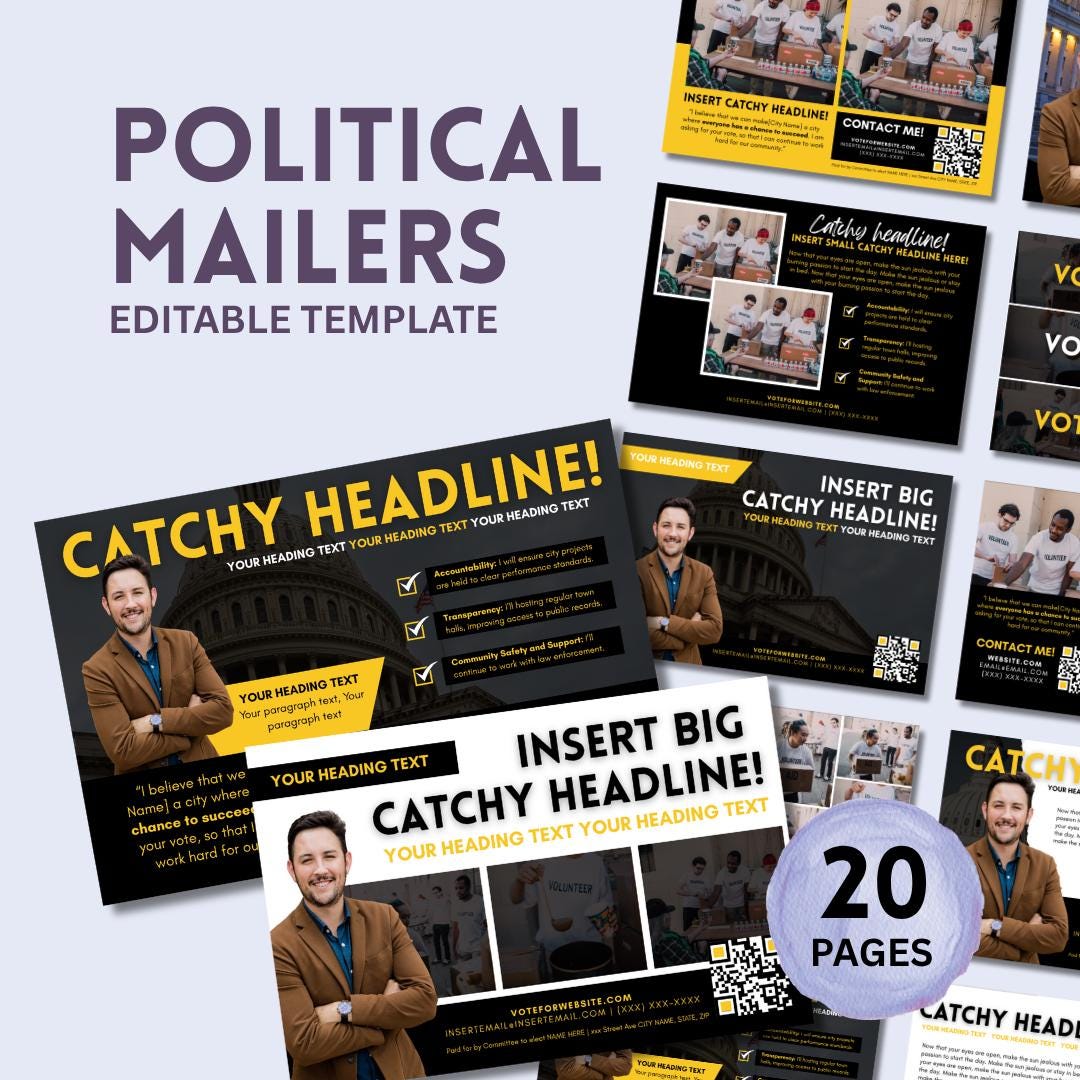 Editable Campaign Postcard Template: Black & Yellow Mailer (9x6, Canva ...
