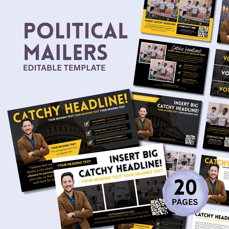 Editable Campaign Postcard Template: Black & Yellow Mailer (9x6, Canva ...