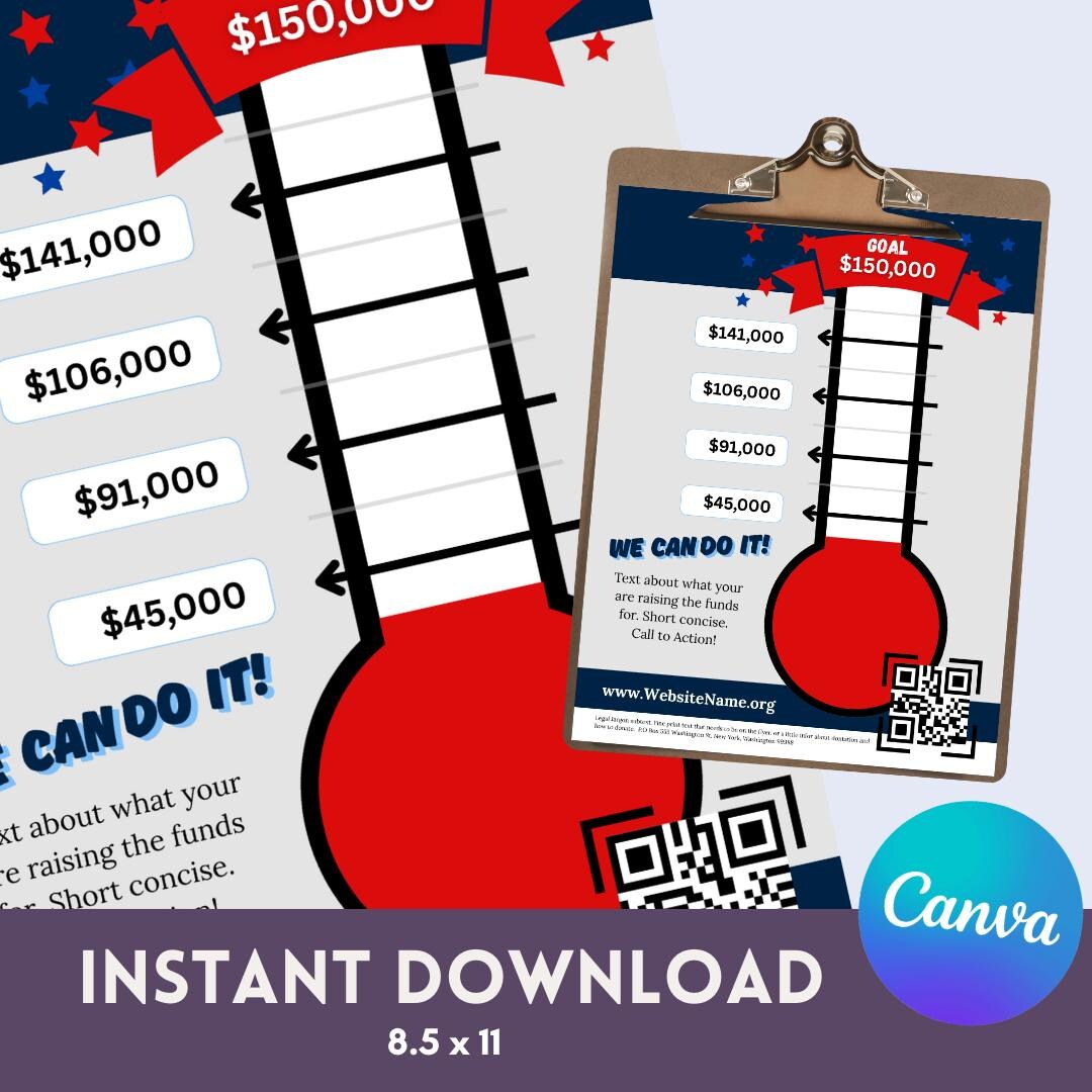 Editable Fundraising Thermometer: Goal Tracker Canva Template (digital ...