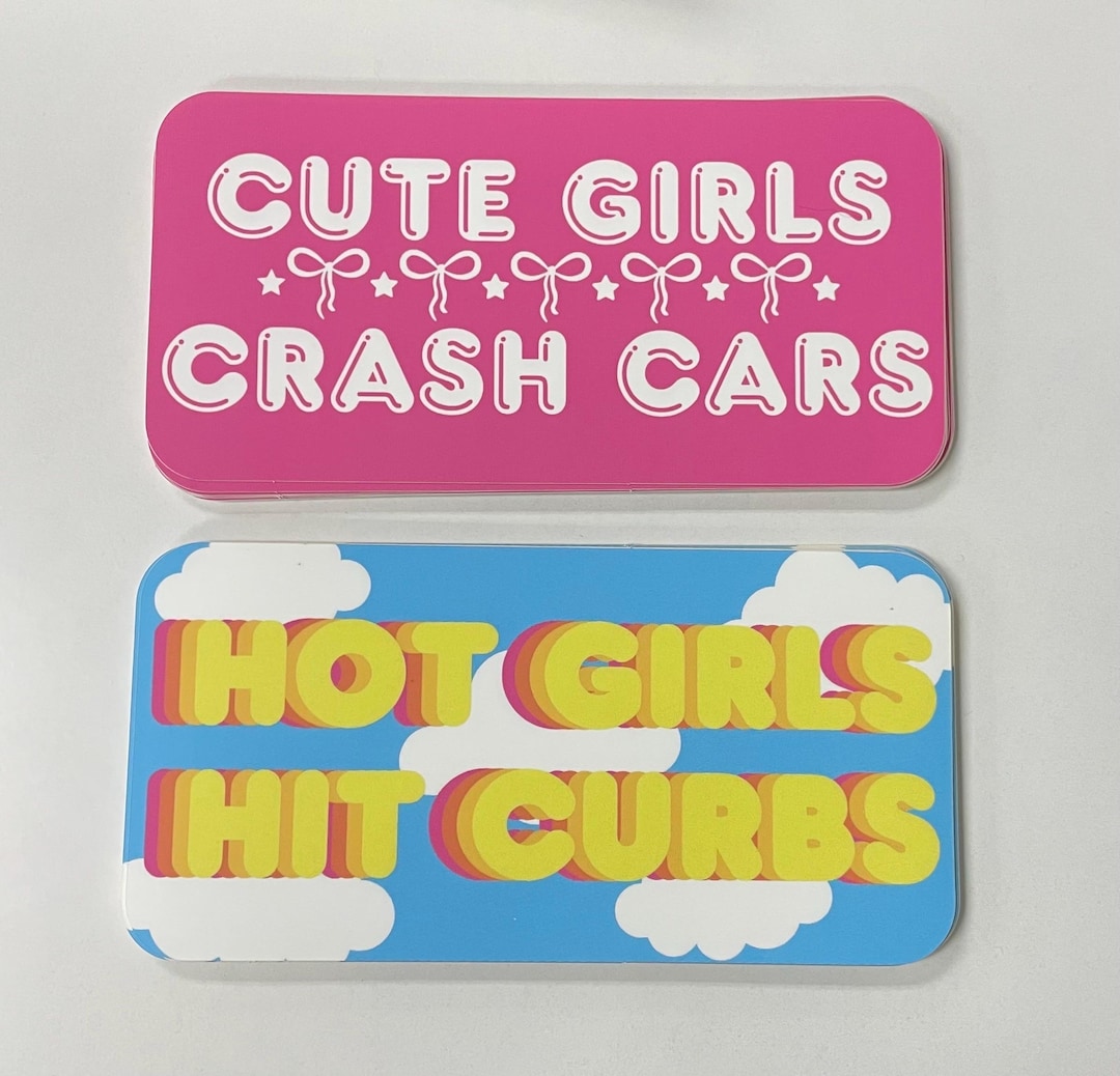 MAGNET Funny Cute Girls Crash Cars Pink Hot Girl Hit Curbs Blue Matte ...