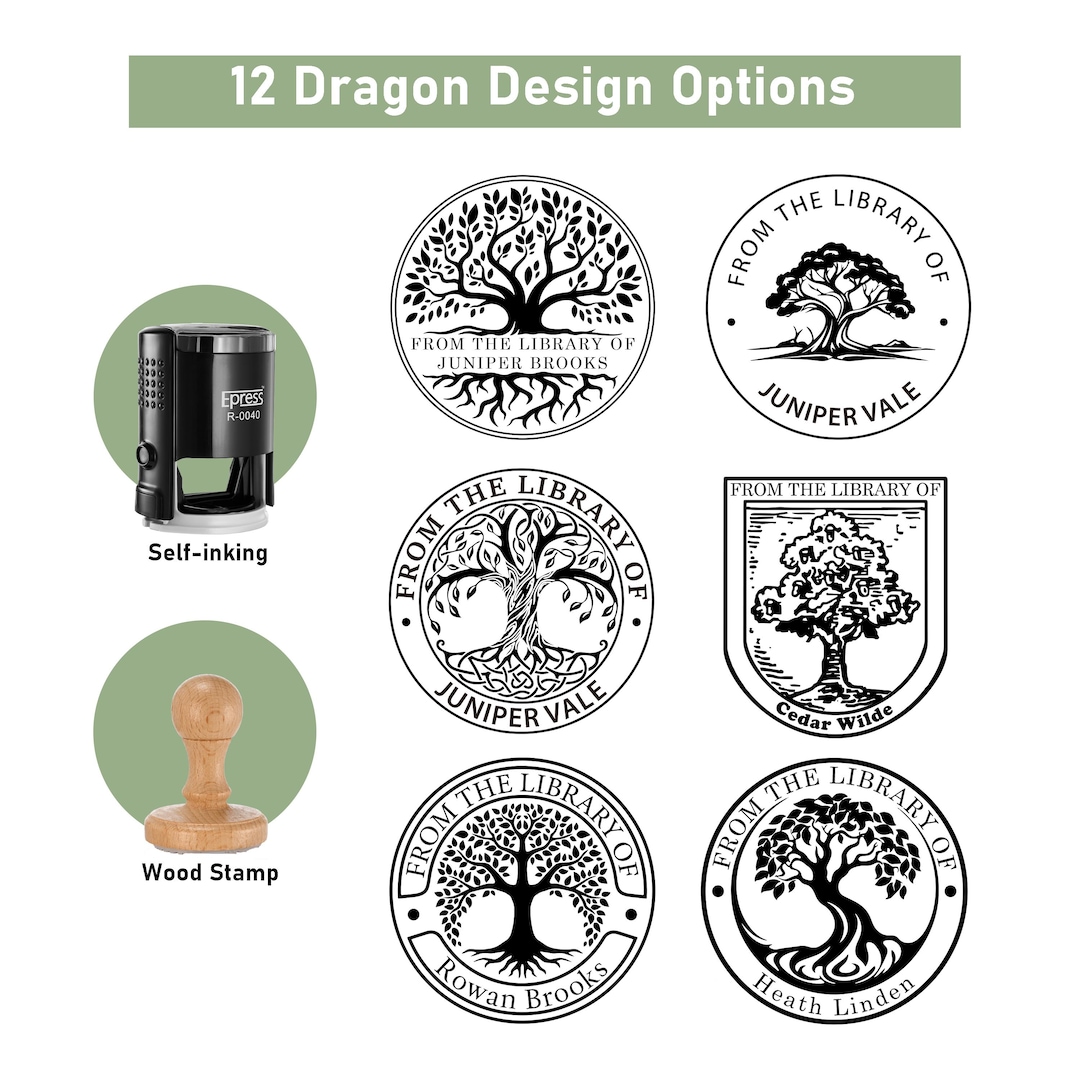 Personalized BOOK STAMP, 12 Tree of Life Designs, Wood & Self-inking ...