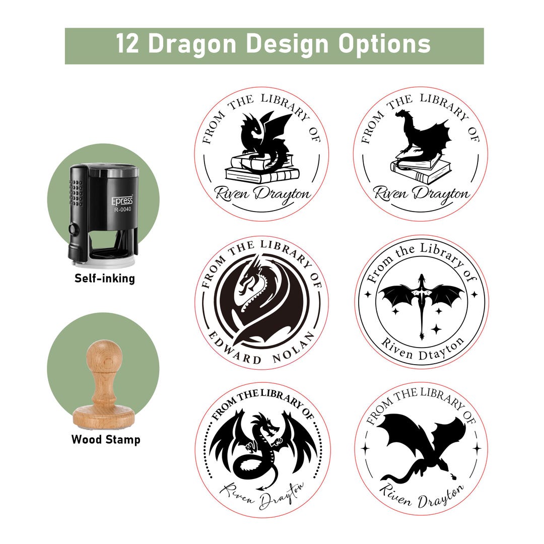 Personalized Dragon Book Stamp: 12 Dragon Designs, Self Inking Stamp ...