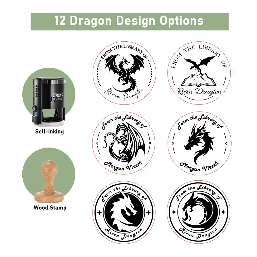 Personalized Dragon Book Stamp: 12 Dragon Designs, Self Inking Stamp ...