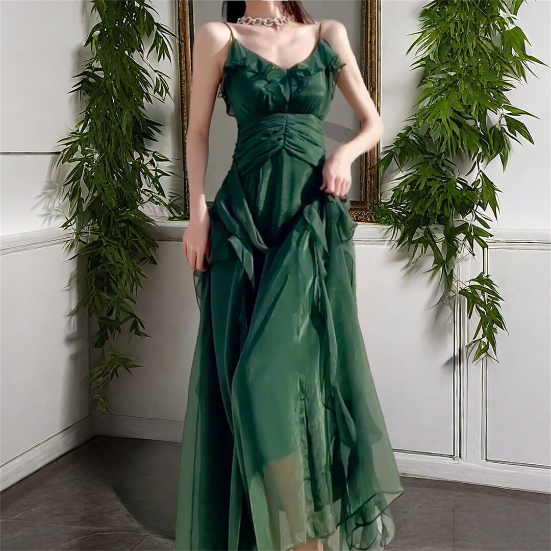 Spaghetti Straps Women Dress V Neck Green Dress Ruffled Prom Dress ...