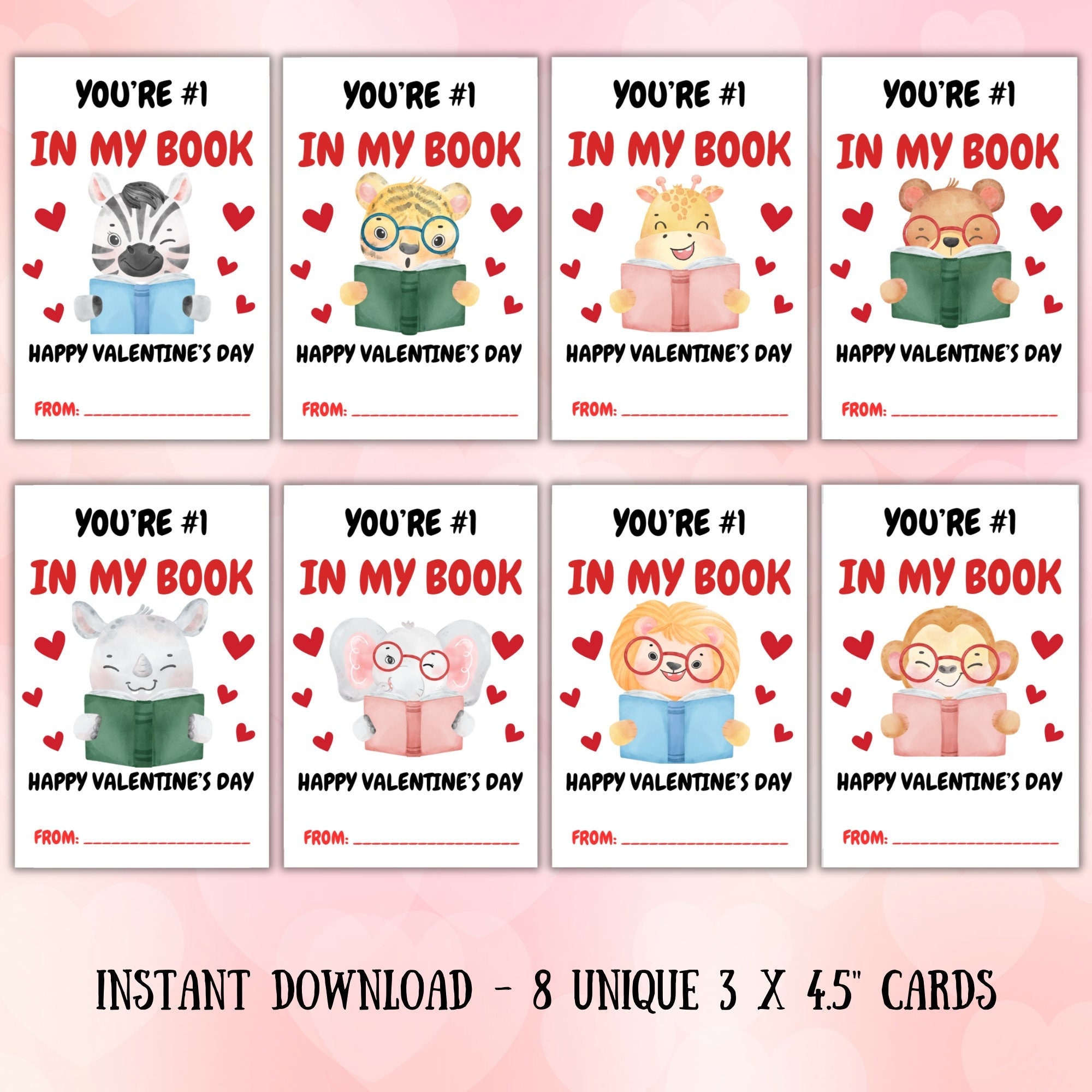 Printable Cute Cartoon Animal Print Kids Valentine's Day Cards for Book ...