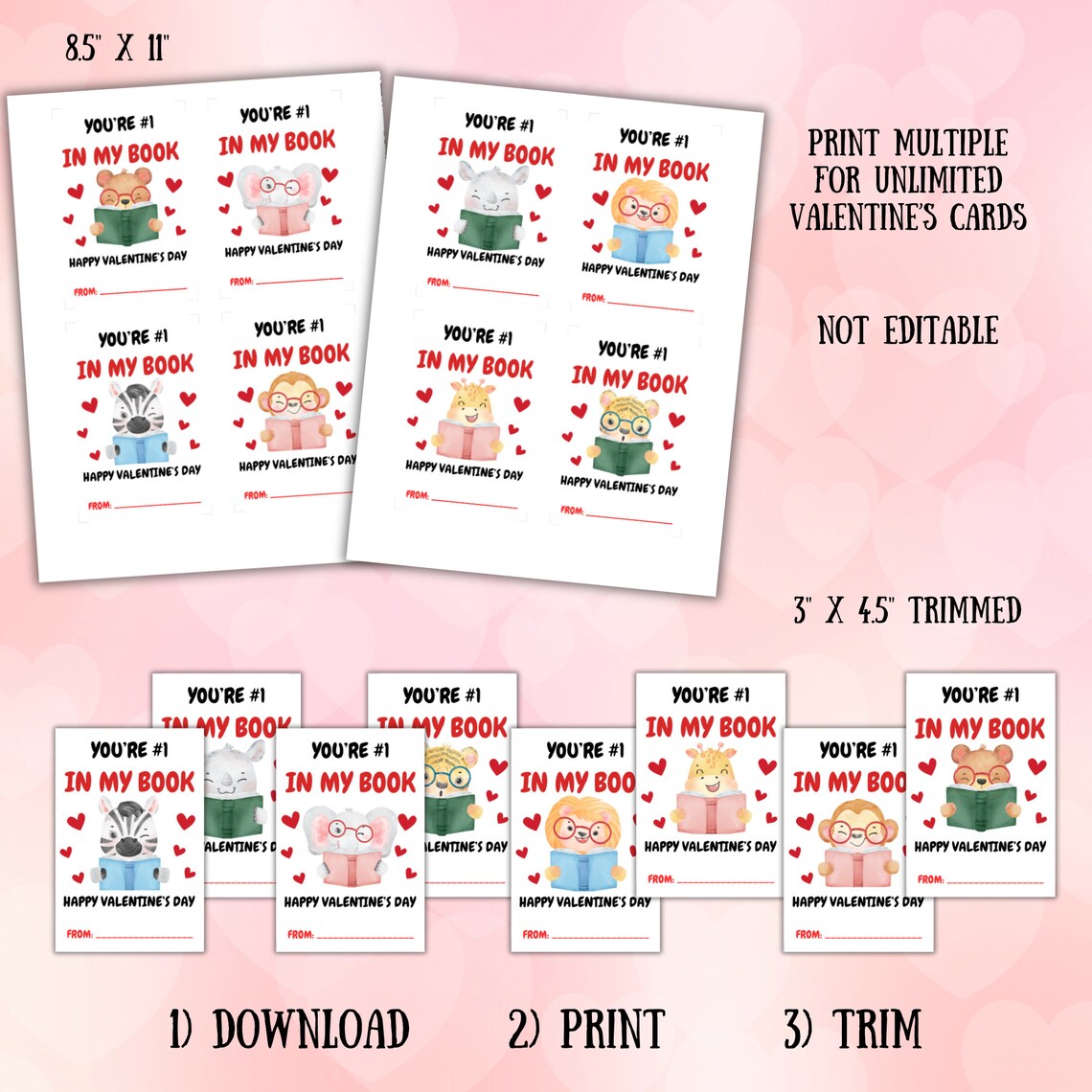 Printable Cute Cartoon Animal Print Kids Valentine's Day Cards for Book ...