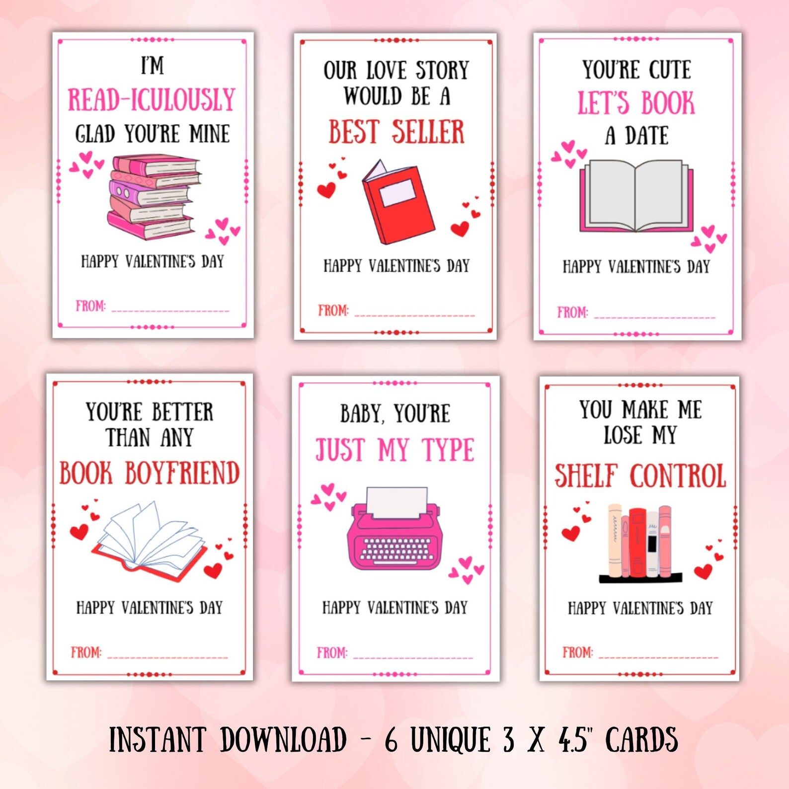 Printable Valentine's Cards for Book Lovers Instant Download 6 Reading ...