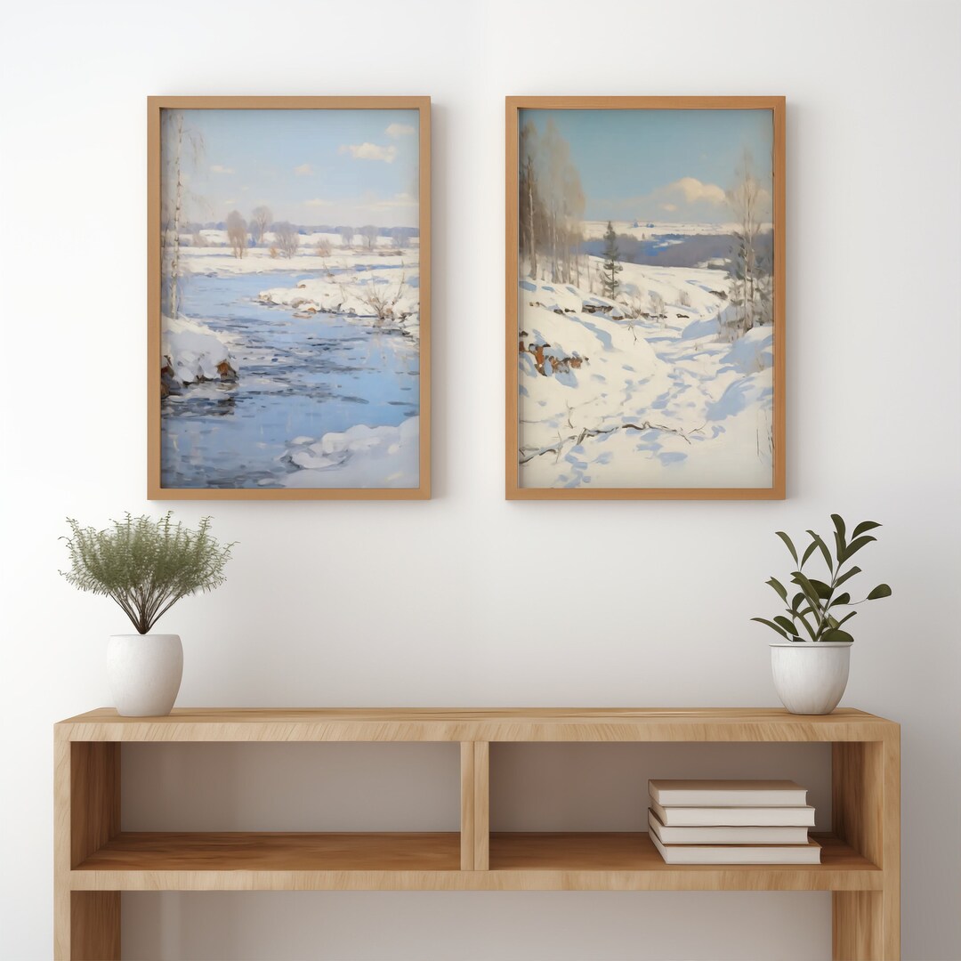 Winter Scene Prints, Set of 2 Prints, Winter Landscape and Brook ...