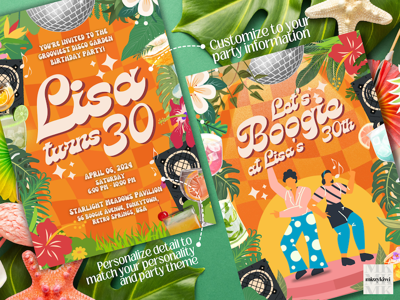 Disco Garden Party Birthday Invitation Card Template Editable, Summer ...