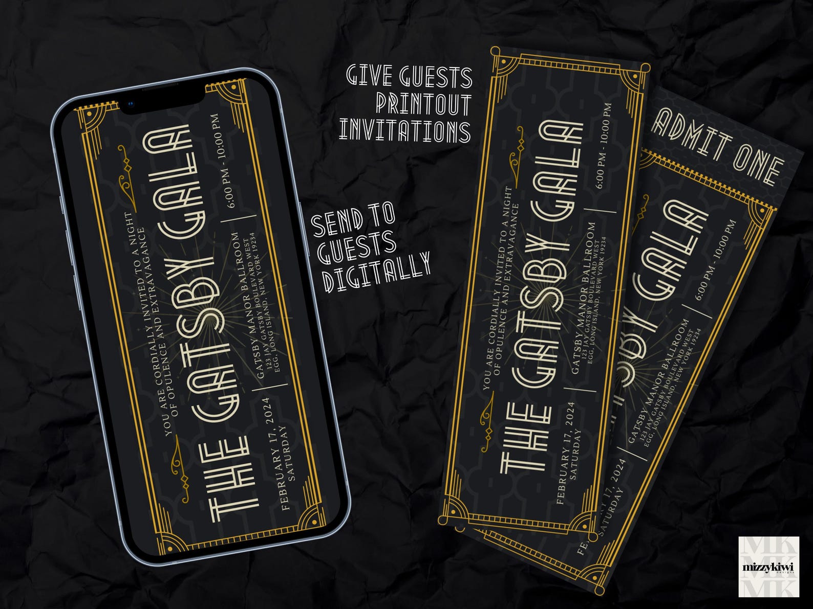 Great Gatsby Ticket Template Editable Party Invitation Roaring 20s ...