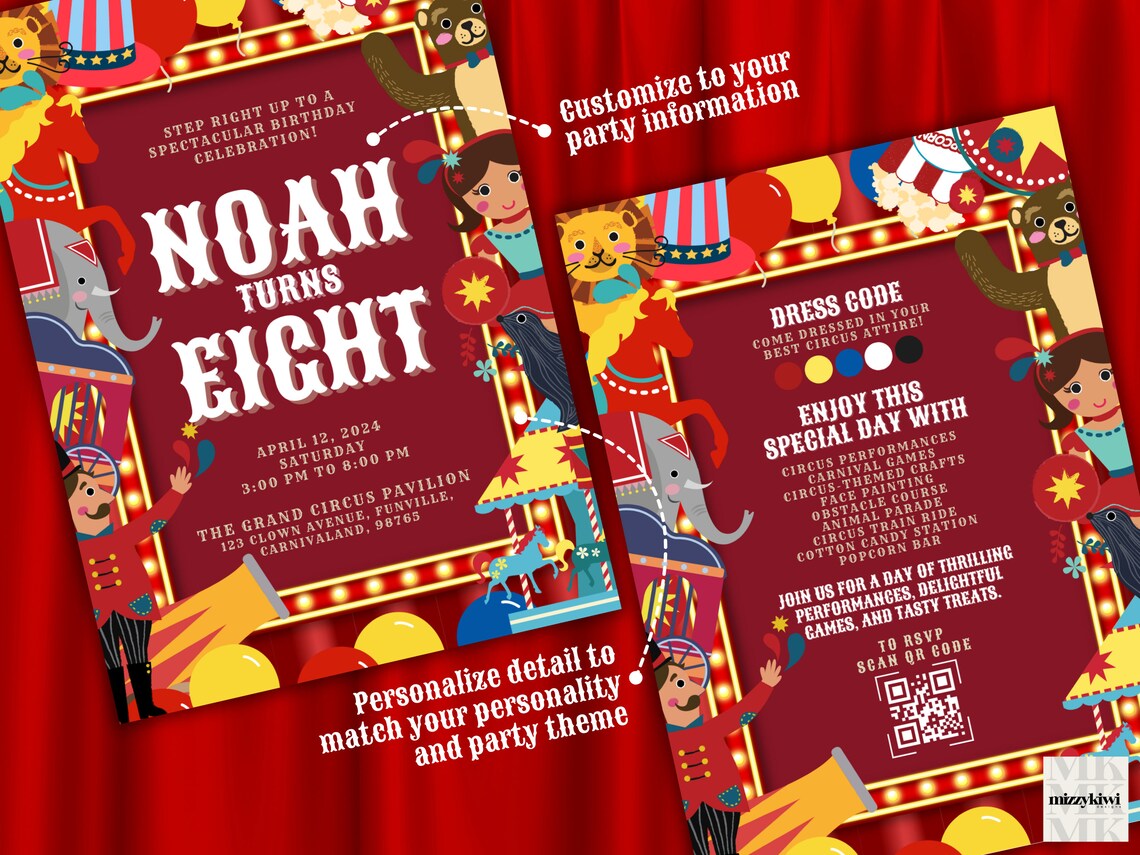 Circus Birthday Party Invitation Template for Kids Editable ...