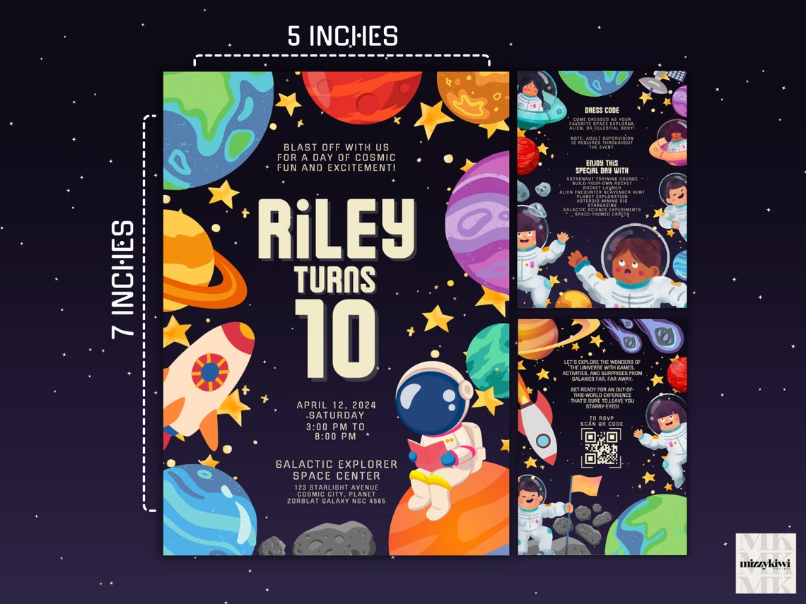Outer Space Birthday Party Invitation Card Template Editable, Universe ...