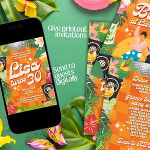 Disco Garden Party Birthday Invitation Card Template Editable, Summer ...