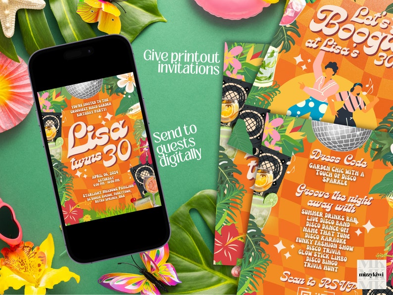 Disco Garden Party Birthday Invitation Card Template Editable, Summer ...