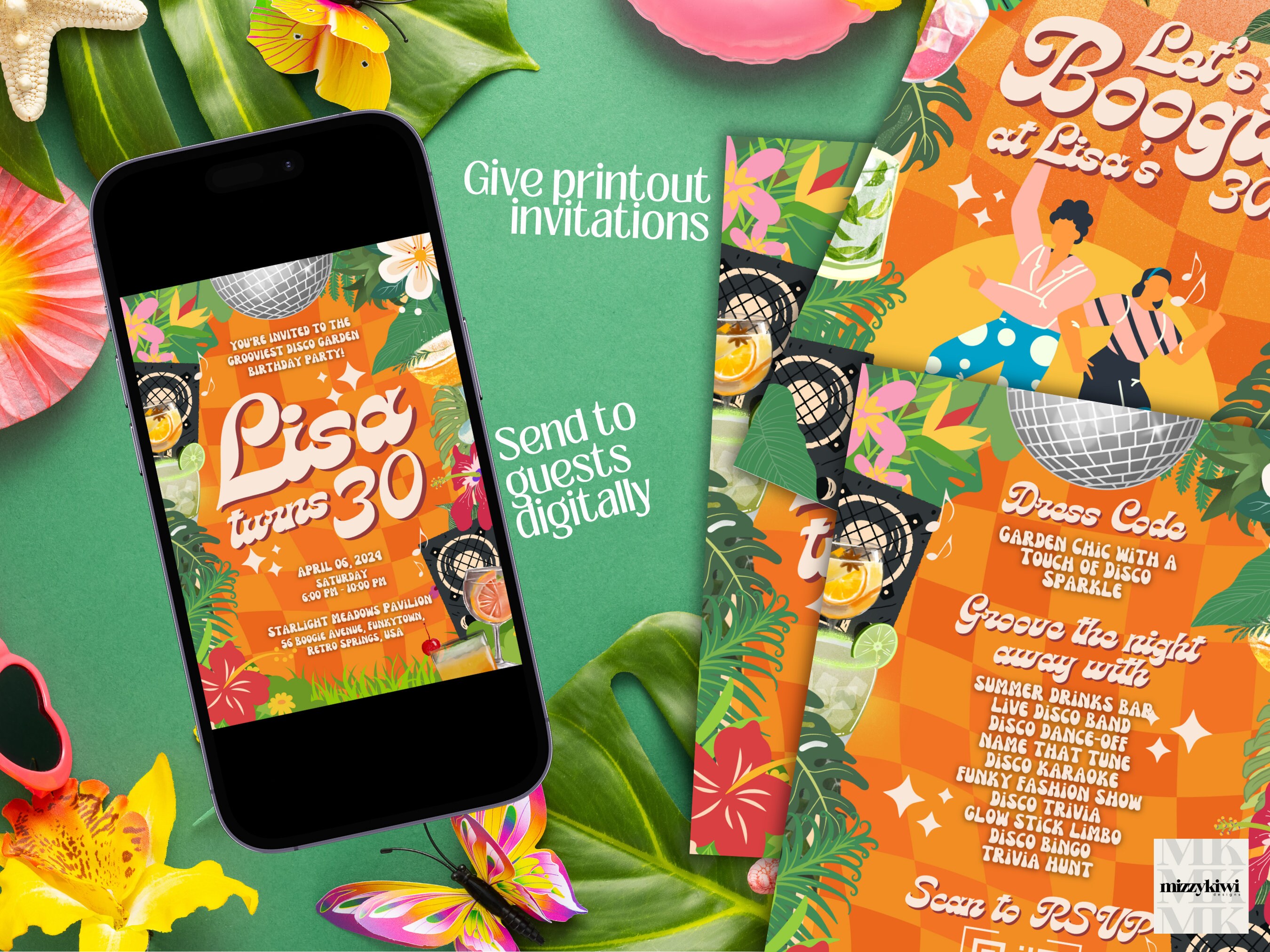 Disco Garden Party Birthday Invitation Card Template Editable, Summer ...