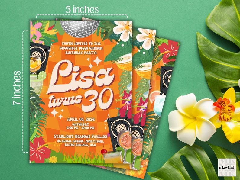 Disco Garden Party Birthday Invitation Card Template Editable, Summer ...