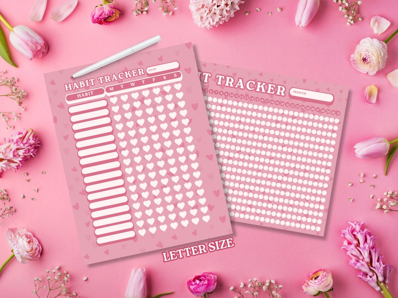 Printable Cute Habit Tracker Pink Monthly Habit Tracker Heart Flower ...