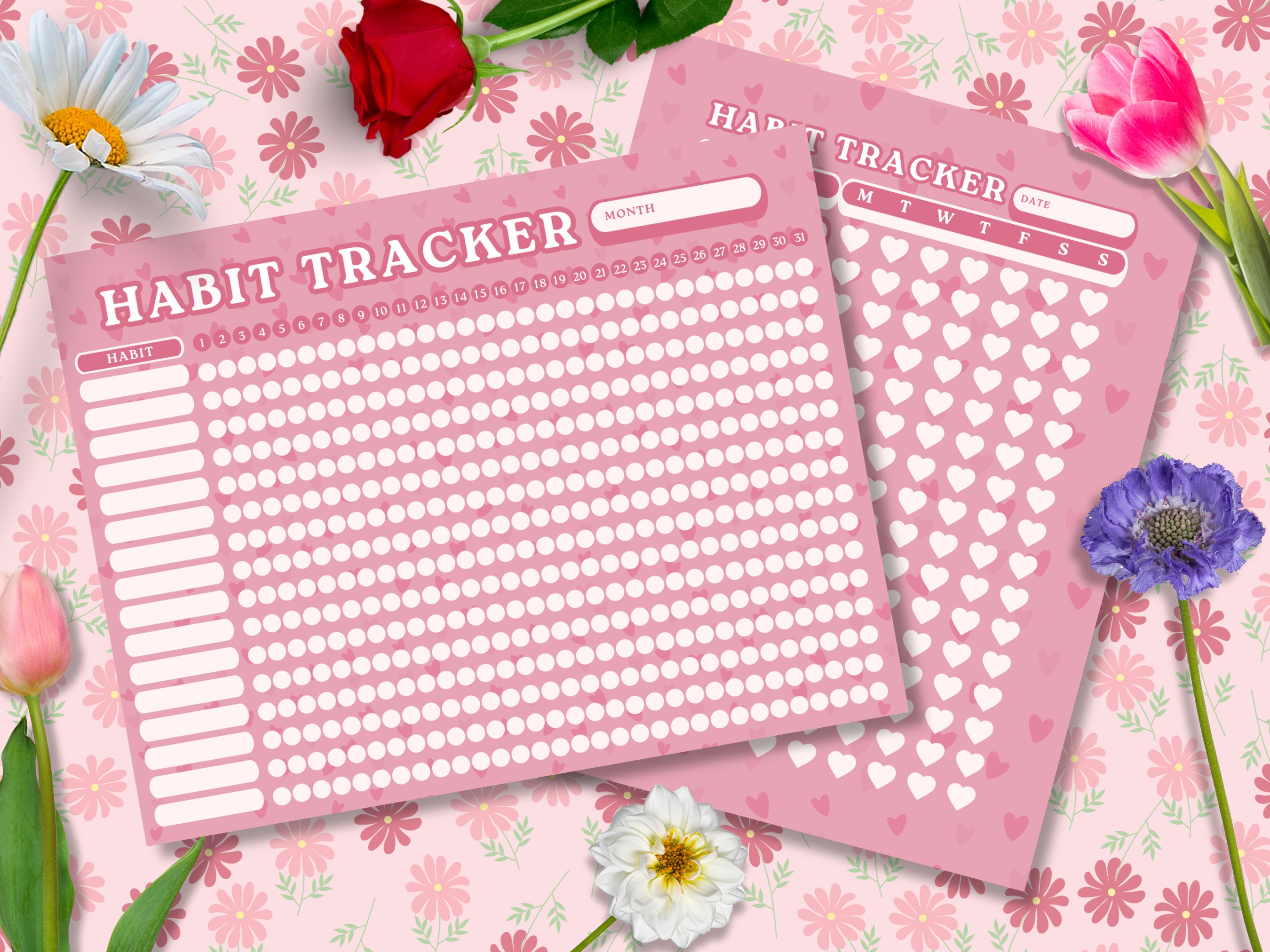 Printable Cute Habit Tracker Pink Monthly Habit Tracker Heart Flower ...