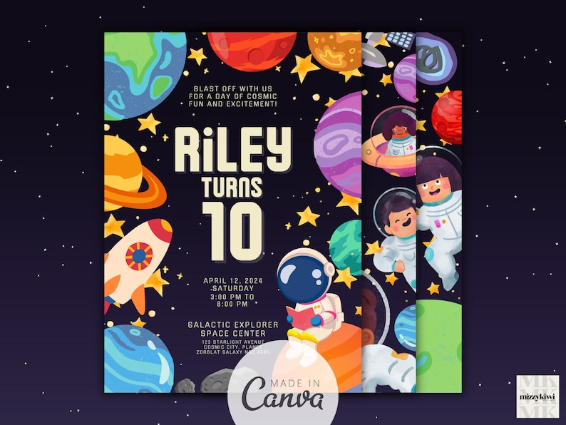 Outer Space Birthday Party Invitation Card Template Editable, Universe ...