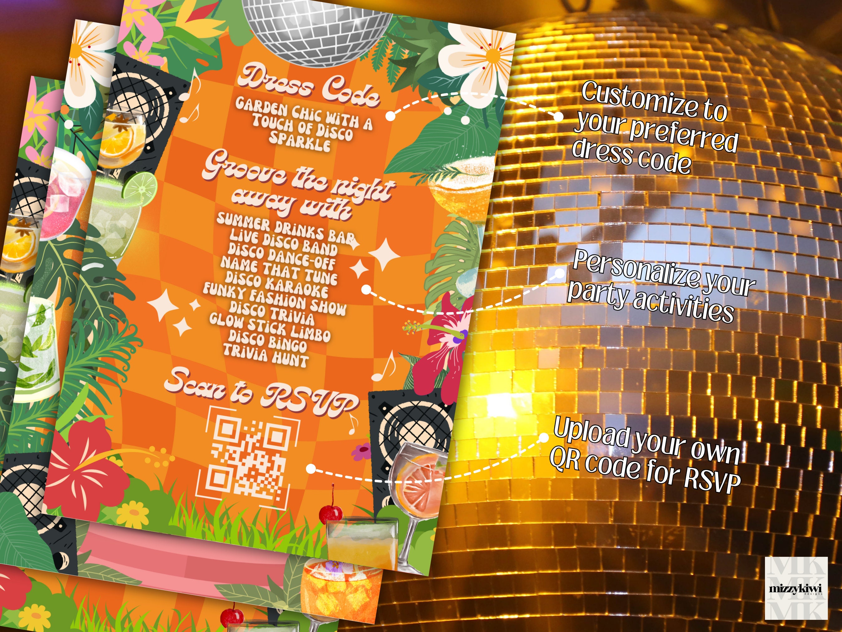 Disco Garden Party Birthday Invitation Card Template Editable, Summer ...