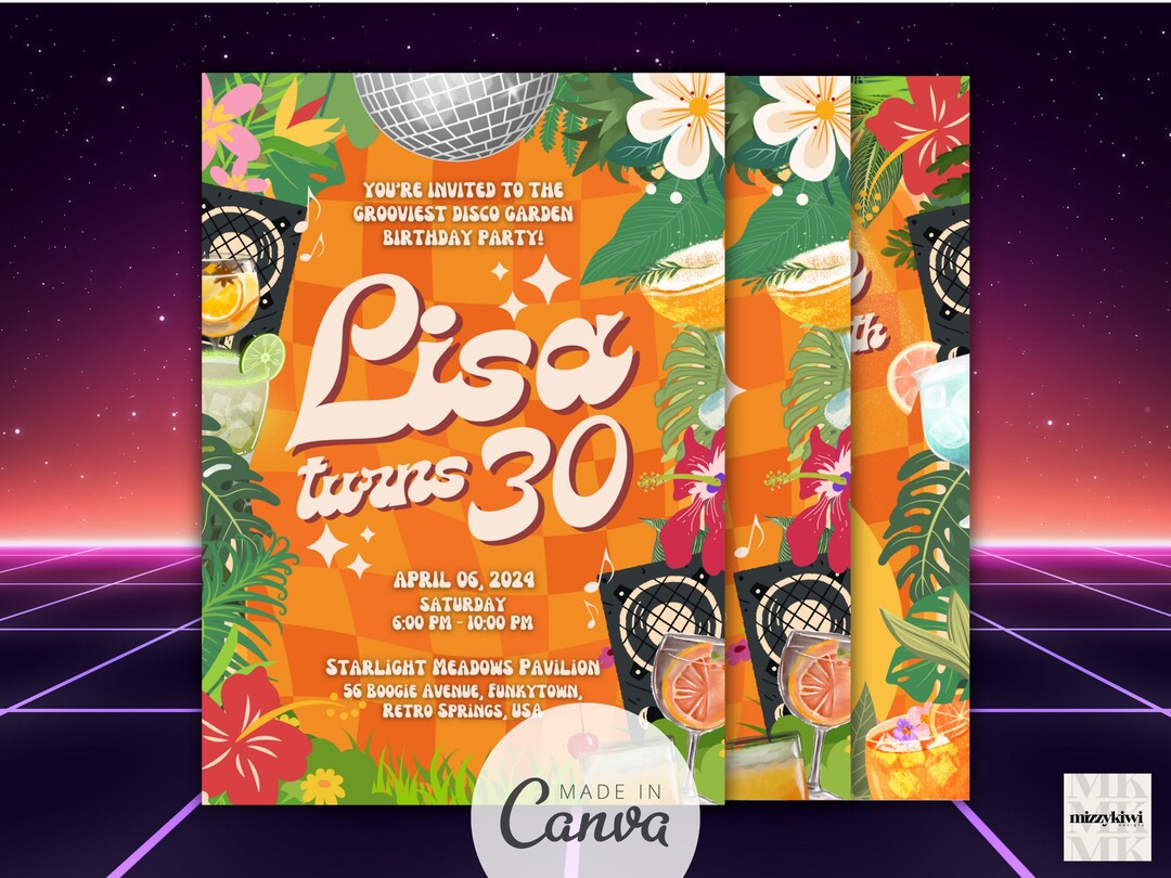 Disco Garden Party Birthday Invitation Card Template Editable, Summer ...