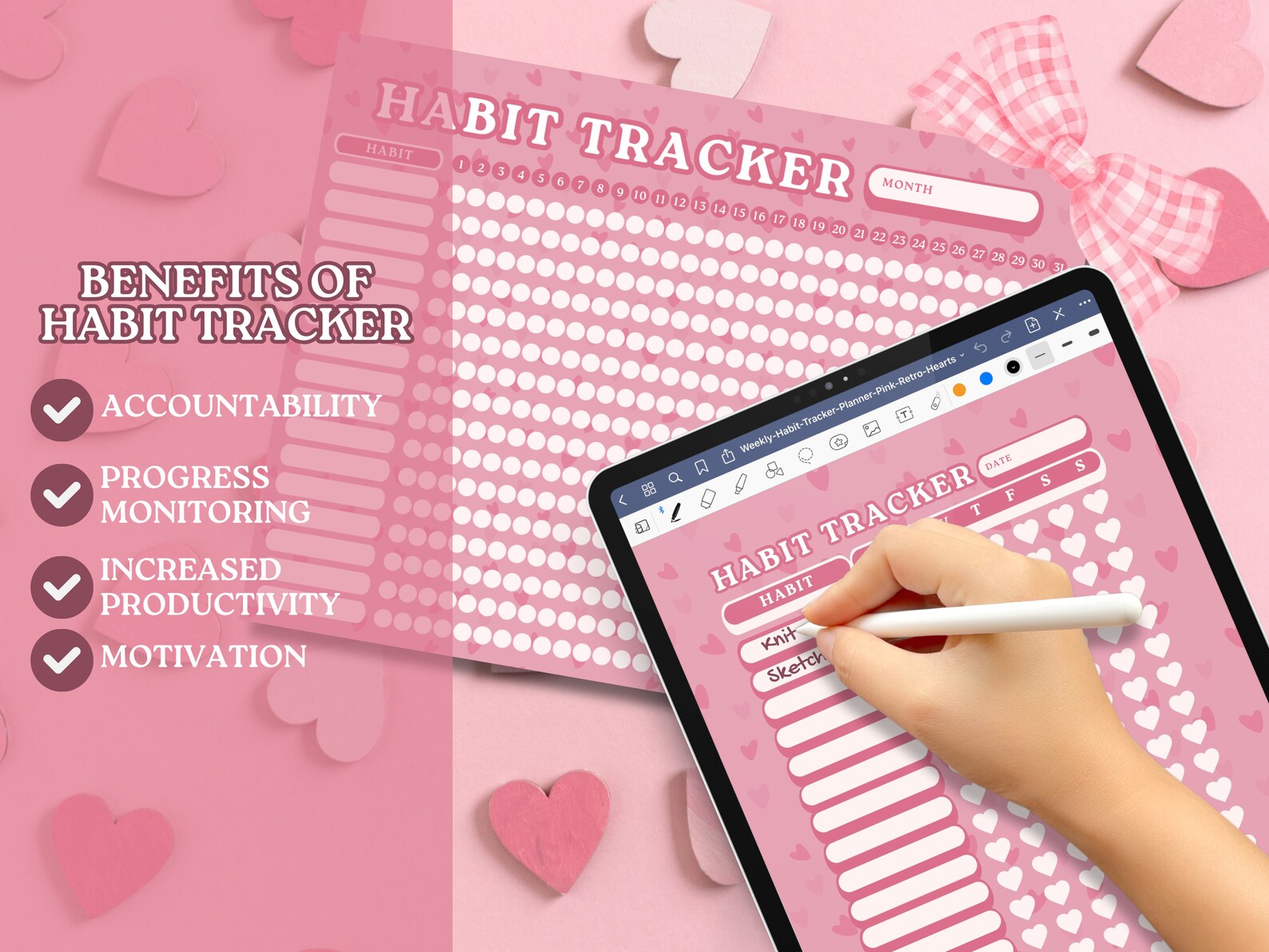 Printable Cute Habit Tracker Pink Monthly Habit Tracker Heart Flower ...