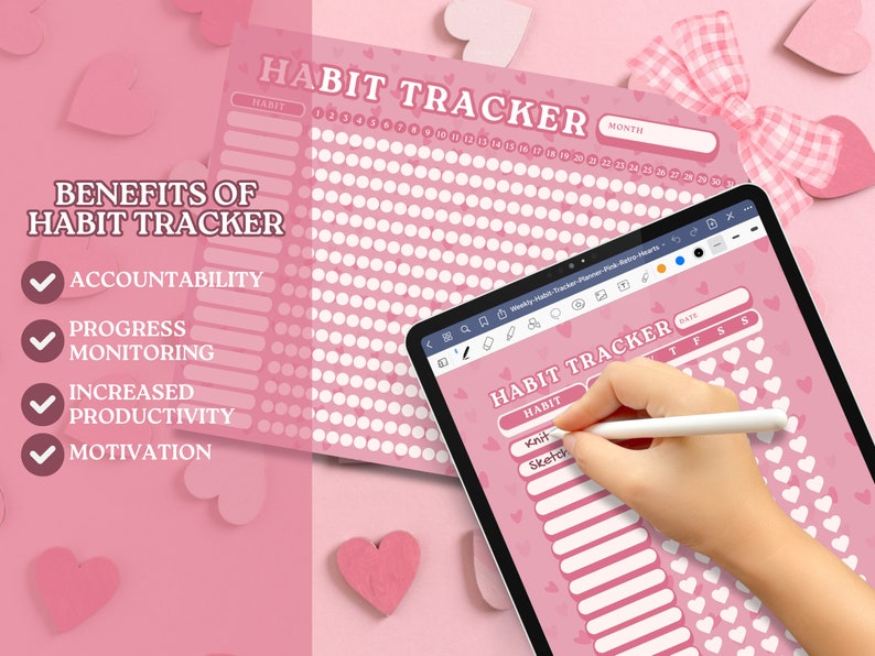 Printable Cute Habit Tracker Pink Monthly Habit Tracker Heart Flower ...