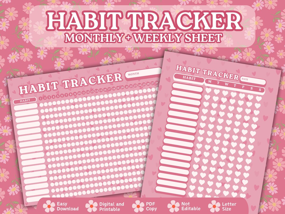 Printable Cute Habit Tracker Pink Monthly Habit Tracker Heart Flower ...