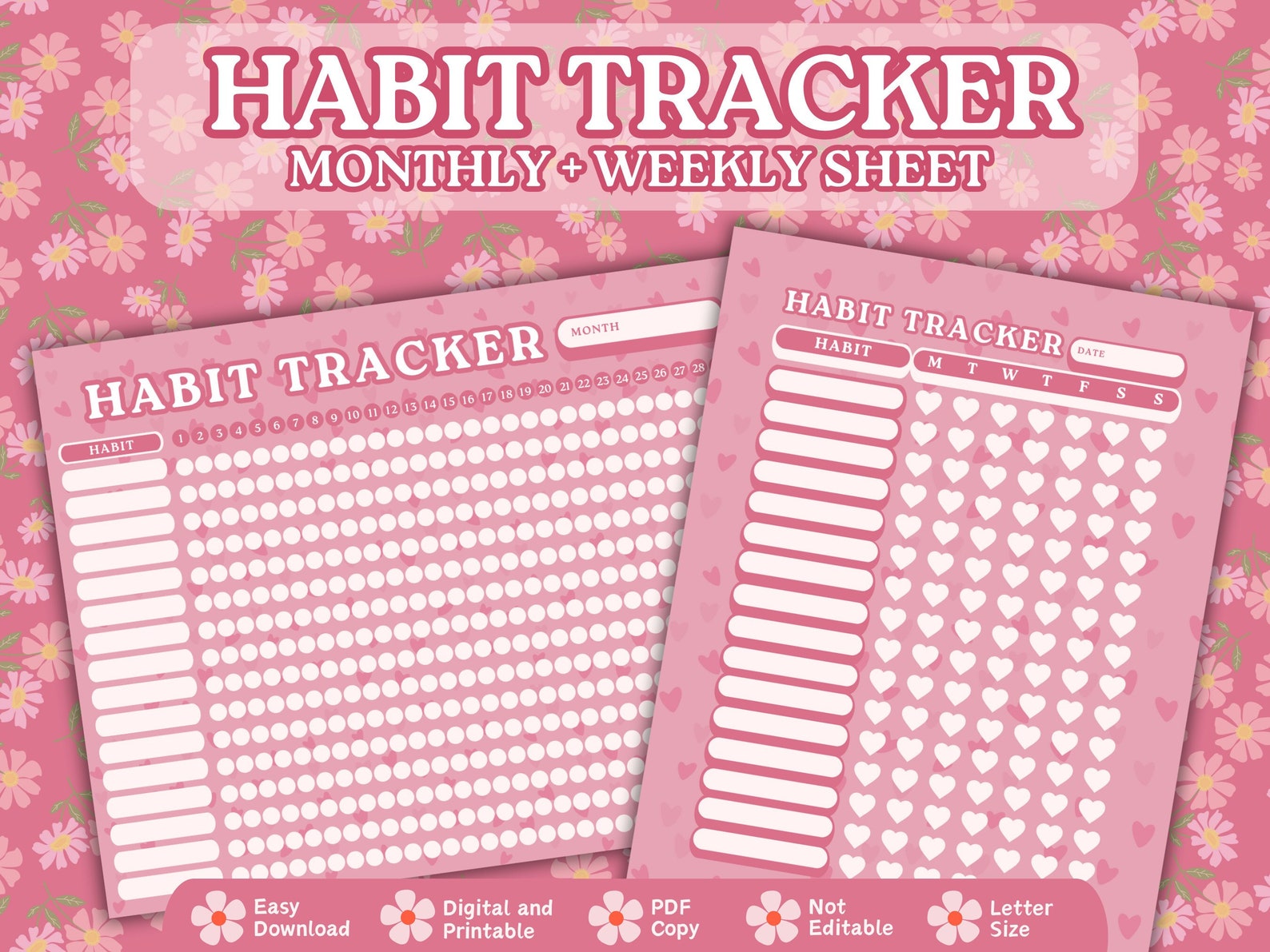 Printable Cute Habit Tracker Pink Monthly Habit Tracker Heart Flower ...