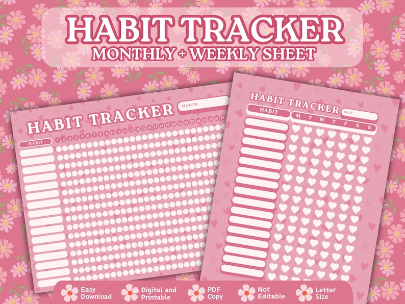 Printable Cute Habit Tracker Pink Monthly Habit Tracker Heart Flower ...